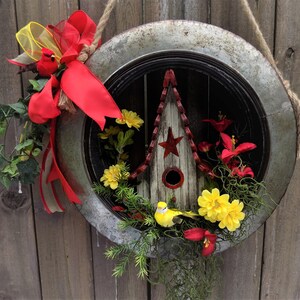 Tire Swing Wreath, Galvanized Metal Wheel Wreath, Birdhouse Birds Door ...
