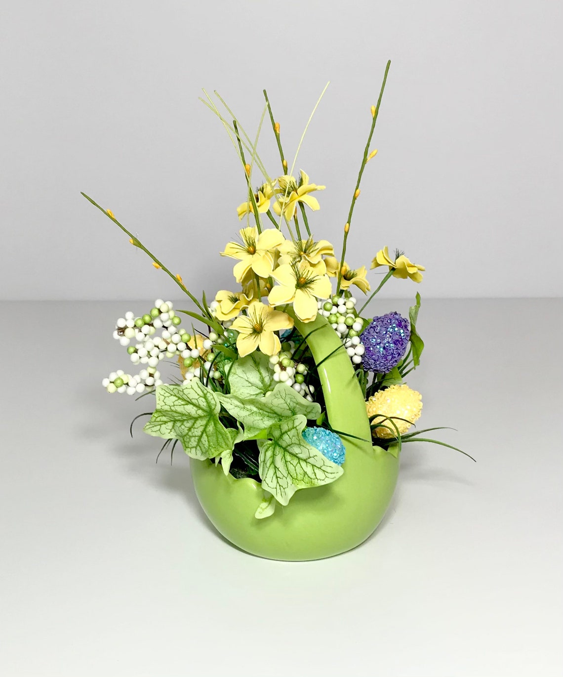 Green Ceramic Easter Flowers Basket Easter Basket Eggs Floral - Etsy