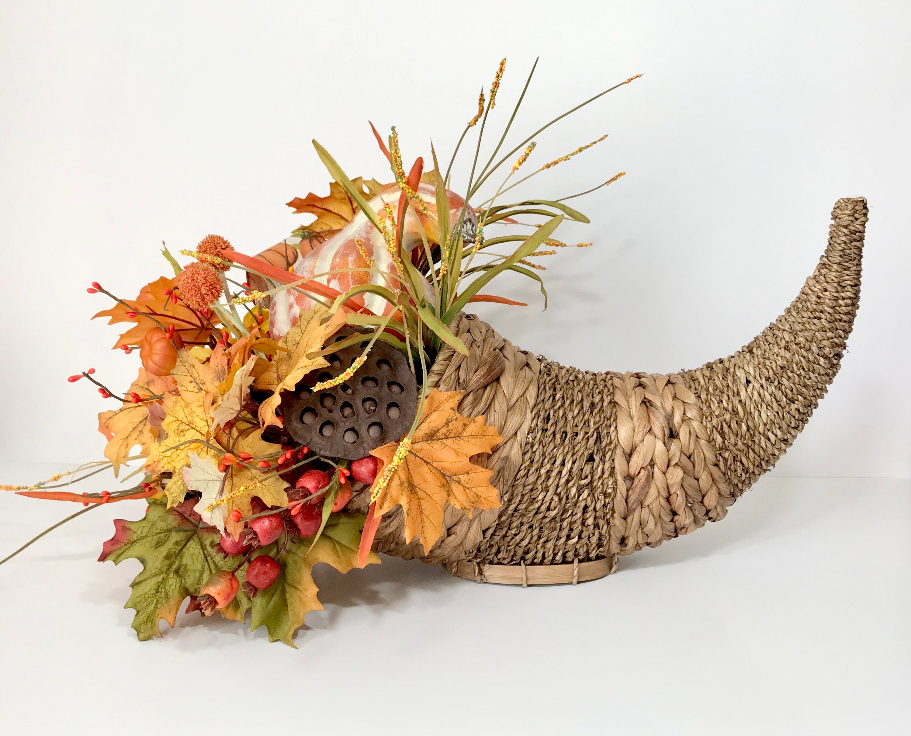 Wicker Cornucopia Basket Centerpiece, Thanksgiving Centerpiece Fall ...