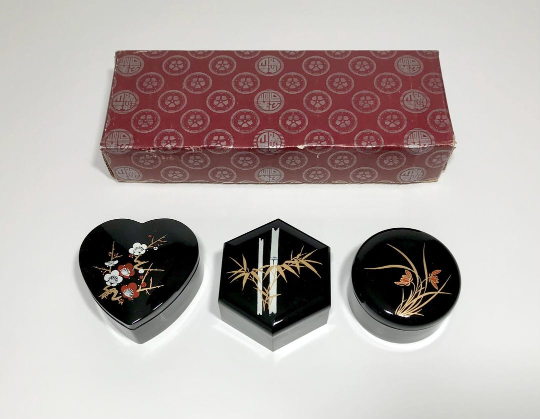 Vintage Oriental Black Lacquer Small Jewelry Trinket Boxes, Hand ...