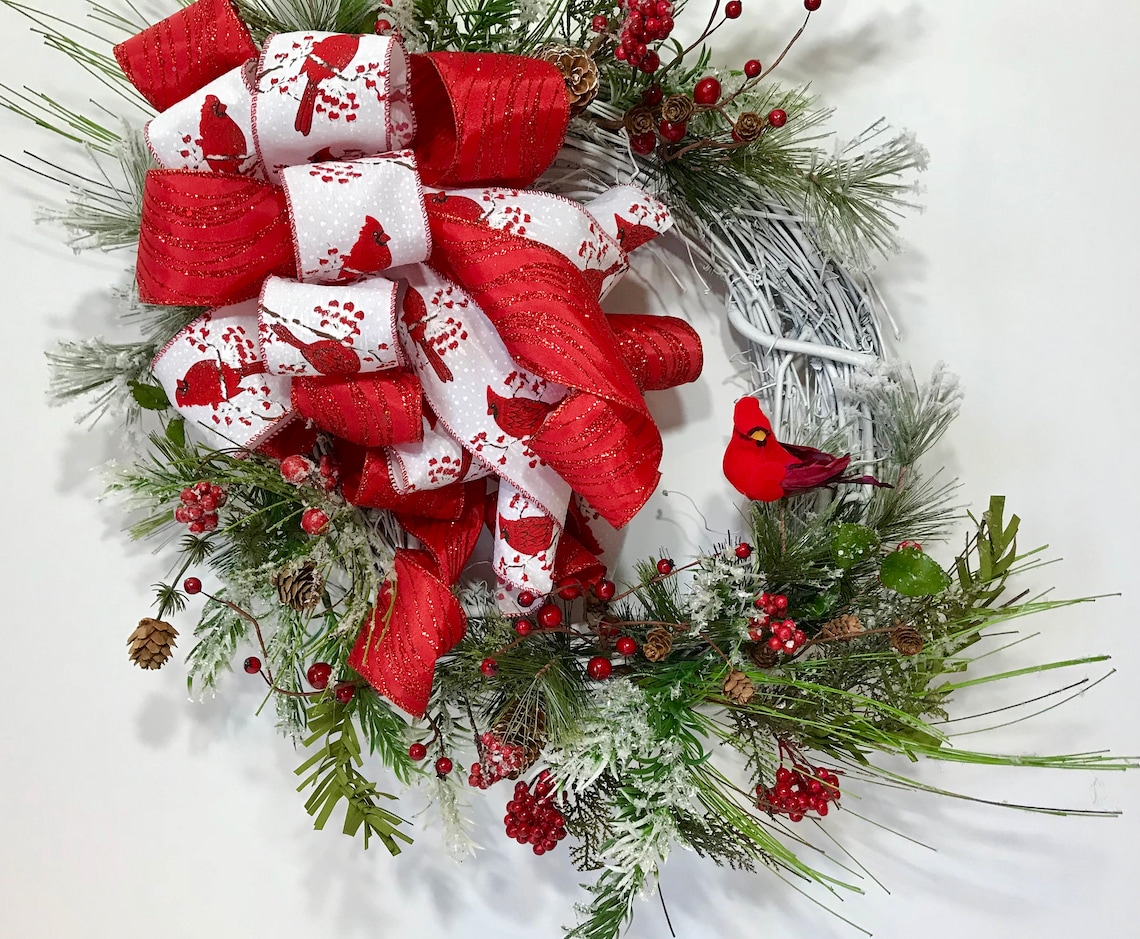 Red Cardinal Birds Winter Wreath, Christmas White Grapevine Front Door ...