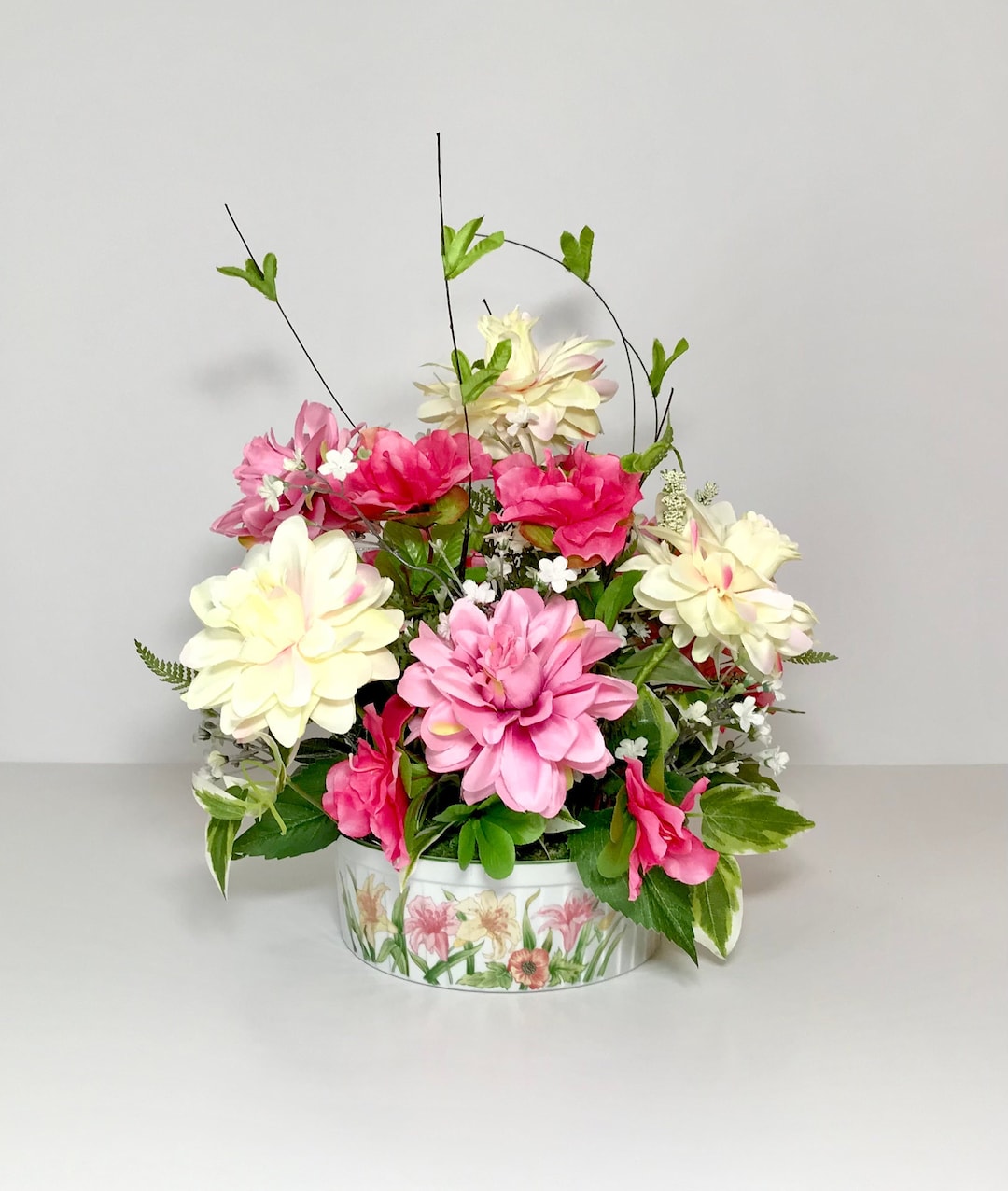 Pink White Cream Flowers Arrangement, Porcelain Vase Floral Centerpiece ...