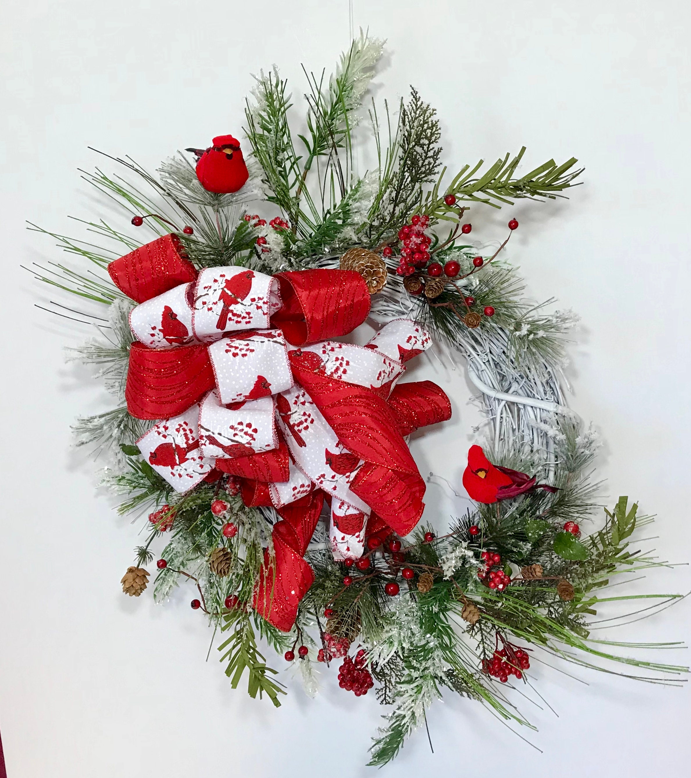Red Cardinal Birds Winter Wreath, Christmas White Grapevine Front Door ...