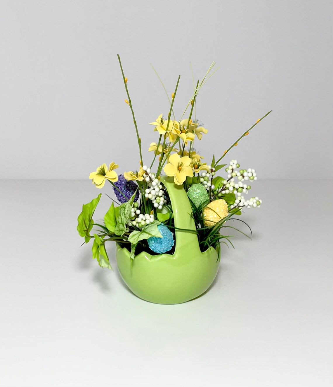 Green Ceramic Easter Flowers Basket Easter Basket Eggs Floral - Etsy