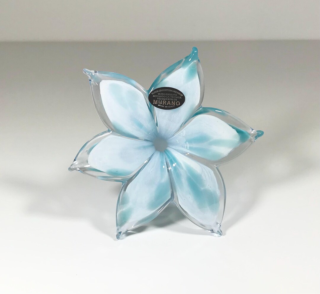 Murano Art Glass Pale Blue White Flower 6 Petals, Crystal Unique ...