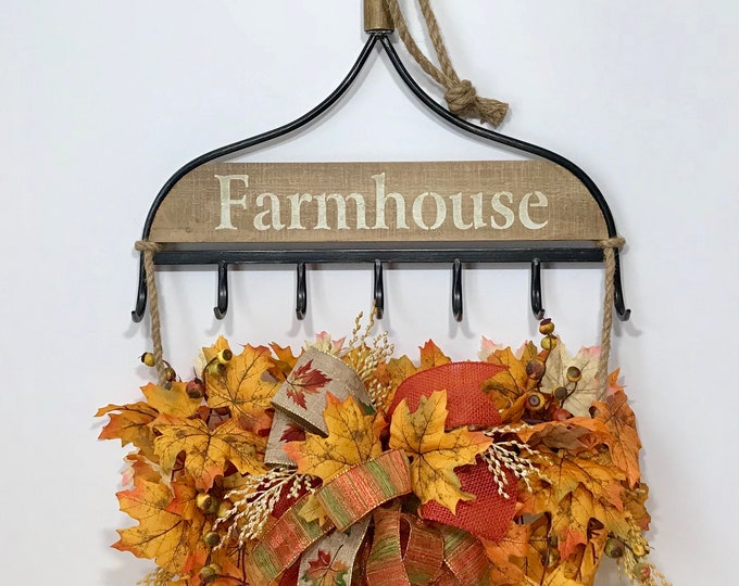 Farmhouse Metal Rake Leaves Fall Harvest, Thanksgiving Front Door ...