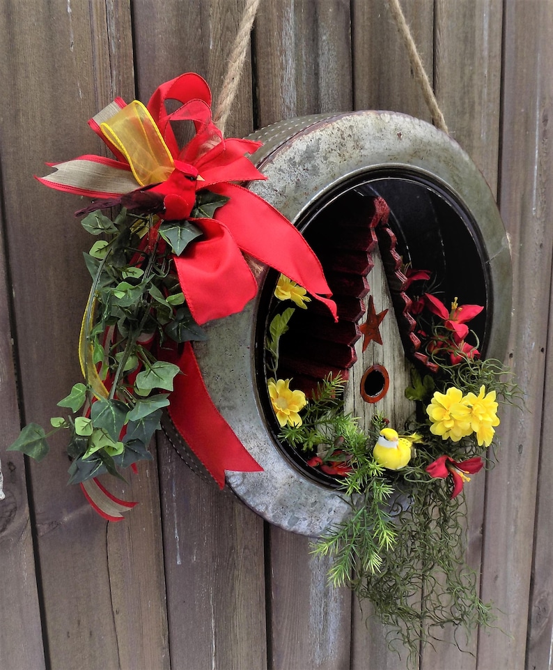 Tire Swing Wreath Galvanized Metal Wheel Wreath Birdhouse - Etsy