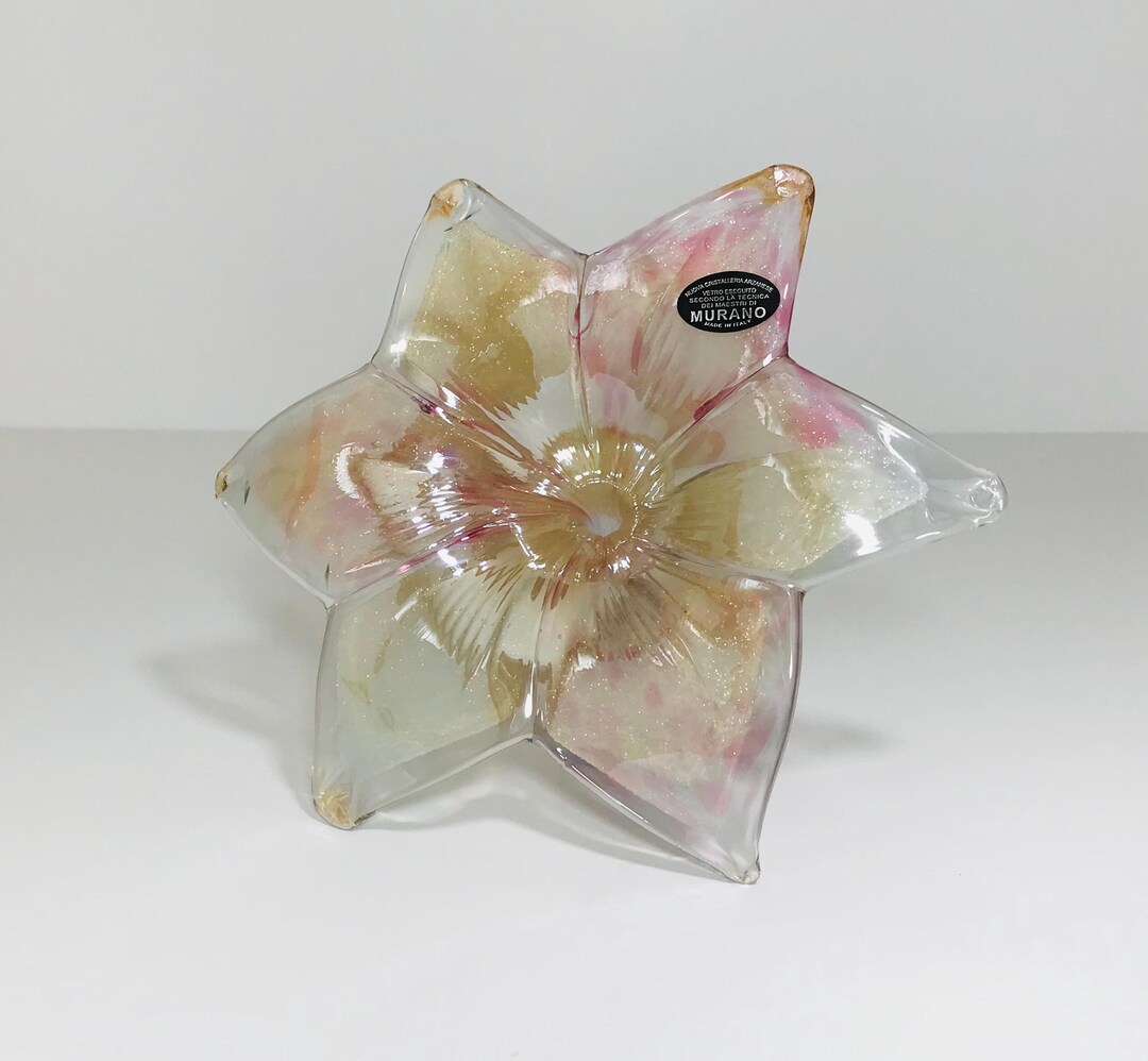 Murano Style Art Glass Pale Gold Touch of Pink Flower 6 Petals, Crystal ...