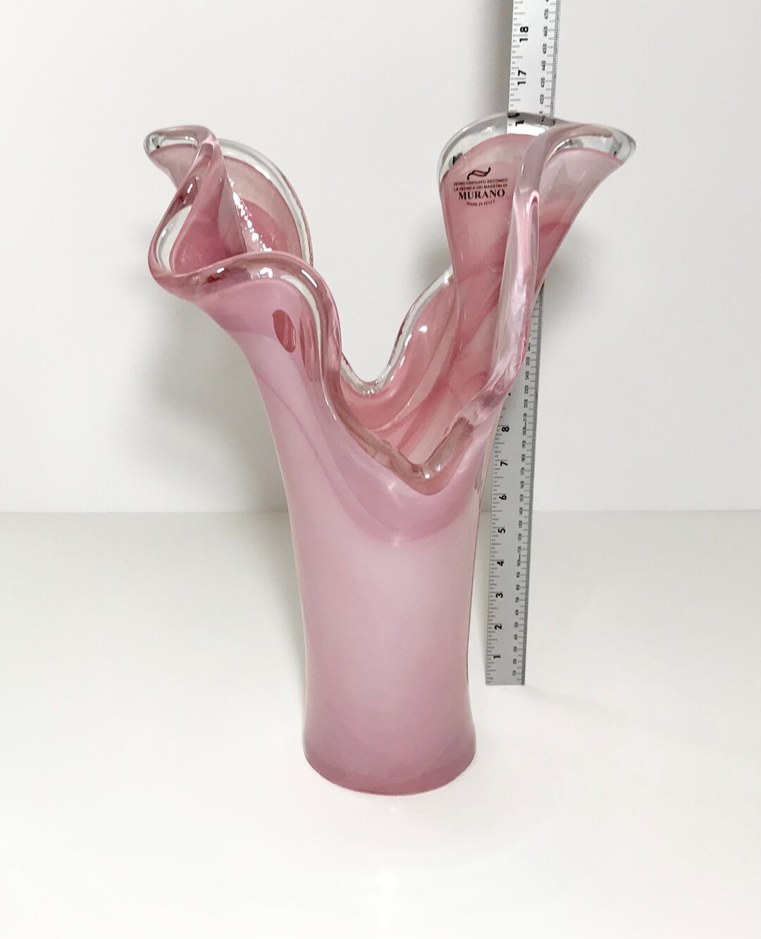 Murano Style Art Glass Pink Mauve Handkerchief Splash Stretch Vase ...