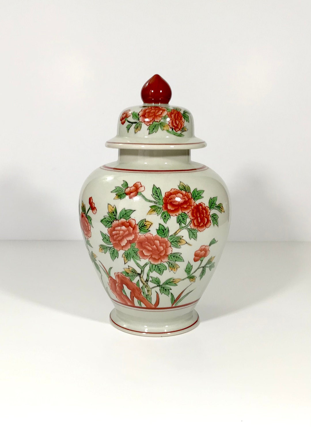 Vintage Ginger Jar Glazed Ceramic Pottery Vase, Hand Painted Orange ...