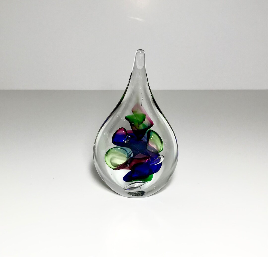 Art Glass Crystal Teardrop Paperweight Blue Green Pink Ground Bottom ...