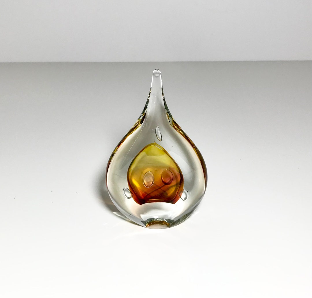 Art Glass Crystal Teardrop Paperweight Yellow Amber Brown Ground Bottom ...