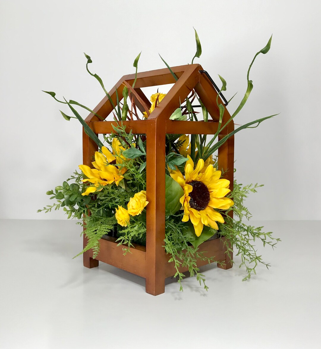 Open Wooden Frame Lantern Decorative Sunflower Floral Arrangement ...