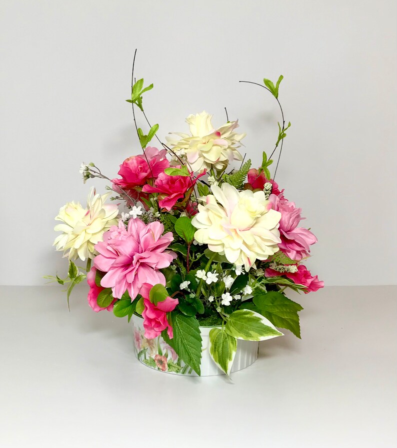 Pink White Cream Flowers Arrangement, Porcelain Vase Floral Centerpiece ...