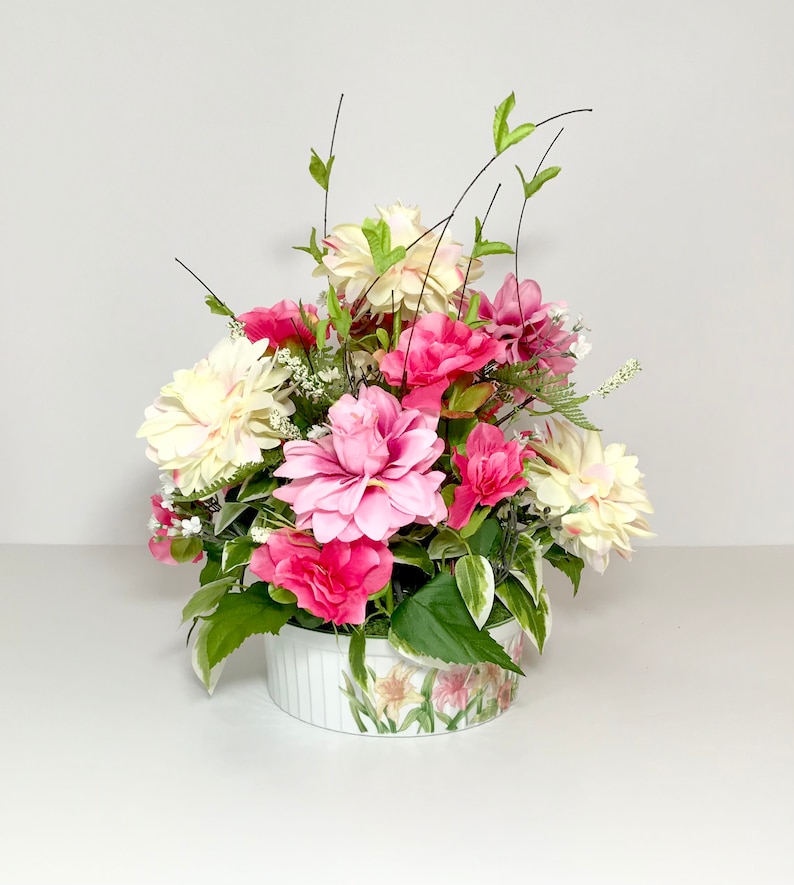 Pink White Cream Flowers Arrangement, Porcelain Vase Floral Centerpiece ...
