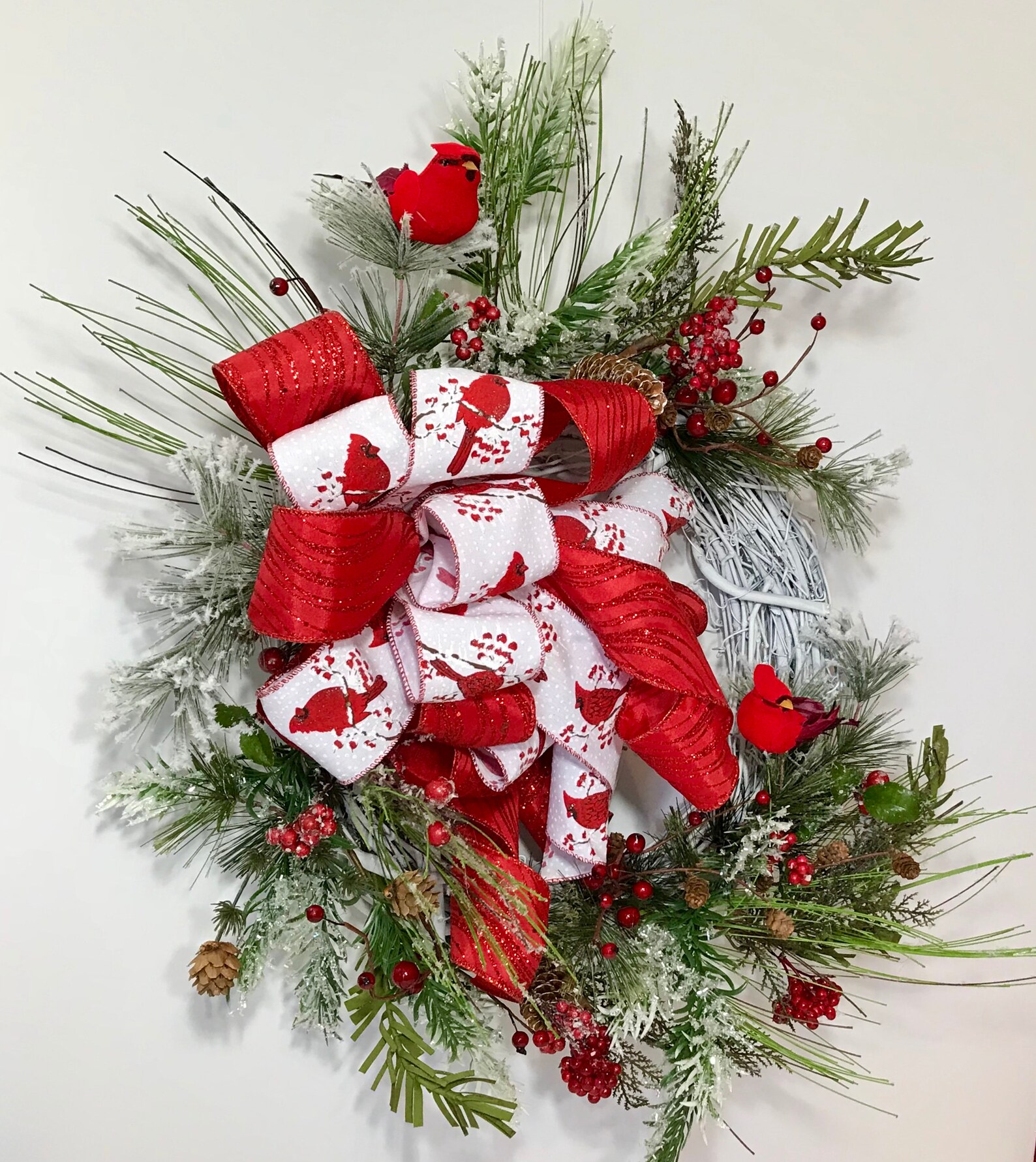 Red Cardinal Birds Winter Wreath, Christmas White Grapevine Front Door ...