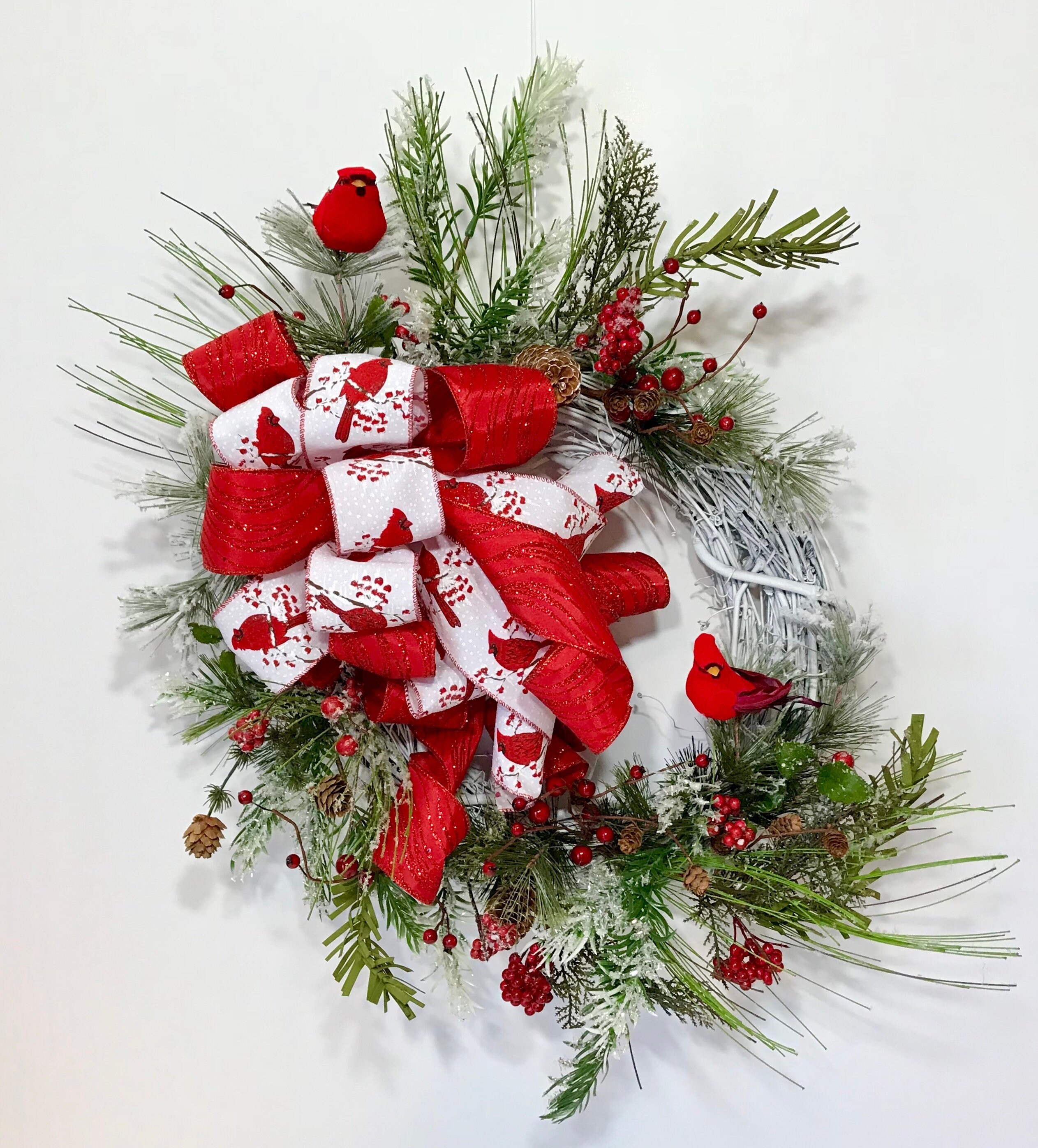 Red Cardinal Birds Winter Wreath, Christmas White Grapevine Front Door ...