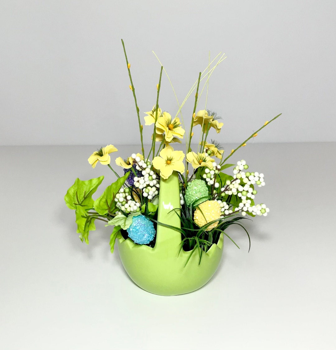 Green Ceramic Easter Flowers Basket, Easter Basket Eggs Floral ...