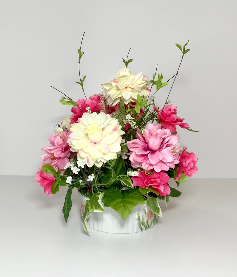 Pink White Cream Flowers Arrangement, Porcelain Vase Floral Centerpiece ...