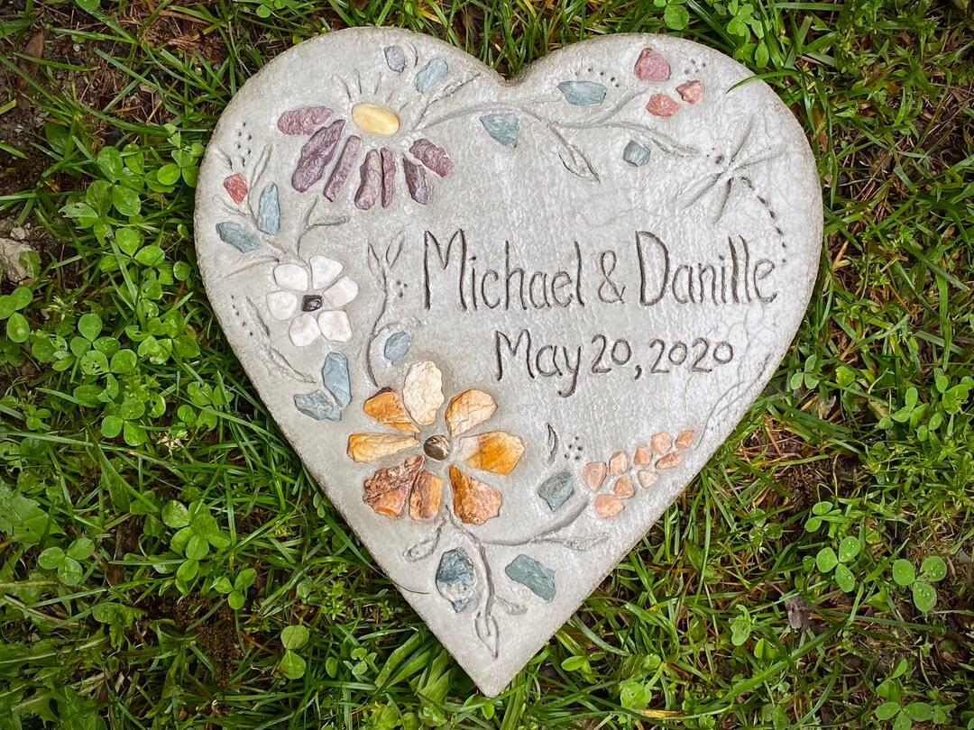 Personalized Wedding Gift - 13" Heart Engraved Concrete Mosaic Garden ...