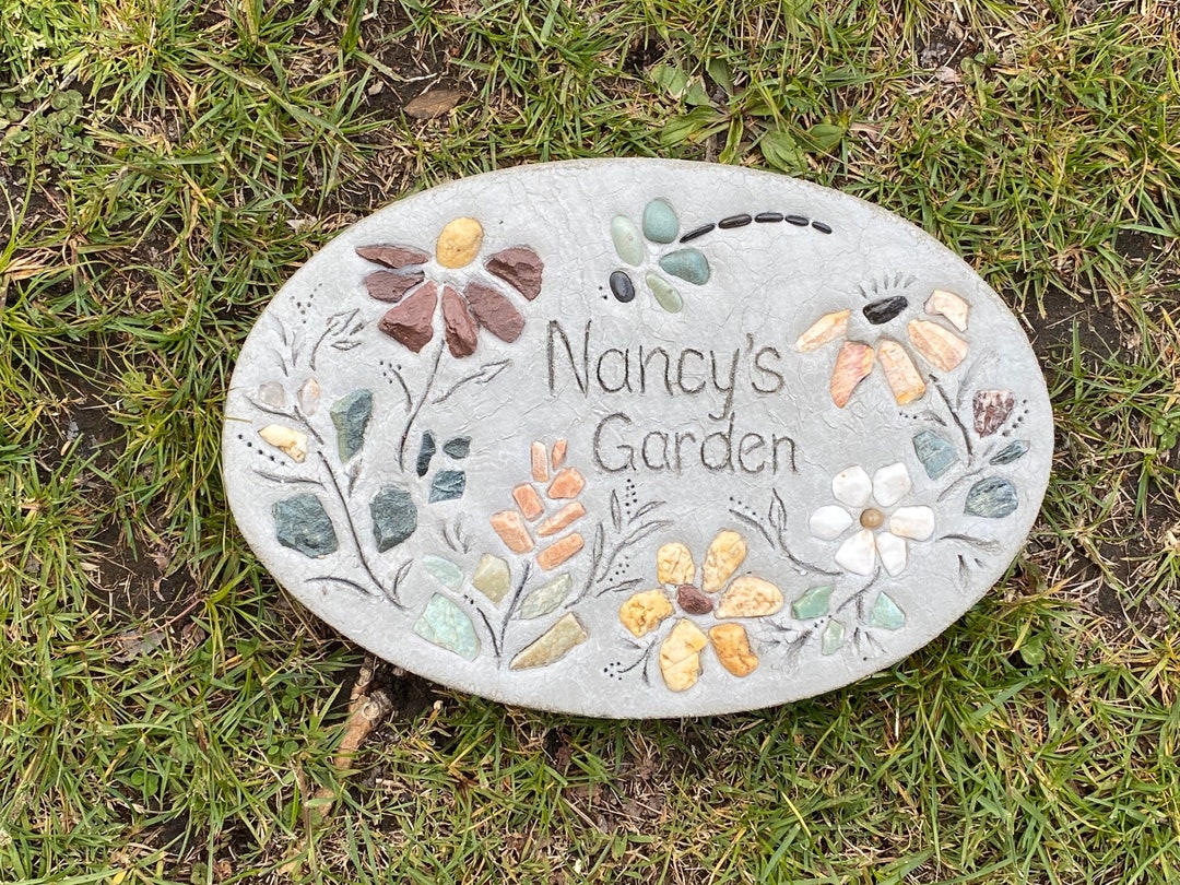 Personalized Garden Stepping Stone: Floral Concrete Mosaic, 15" Oval - Etsy