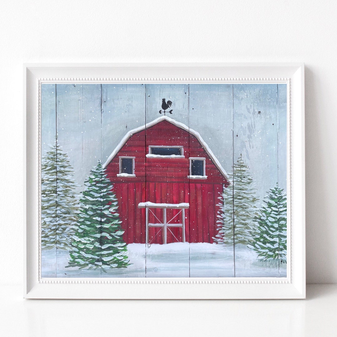 Rustic Winter Red Barn Wall Art Print. Farmhouse Art Decor, Winter Barn ...