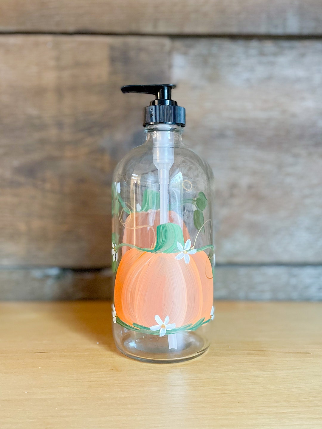 Hand Painted Fall Orange Pumpkin Glass Soap Lotion Dispenser Bottle16oz ...