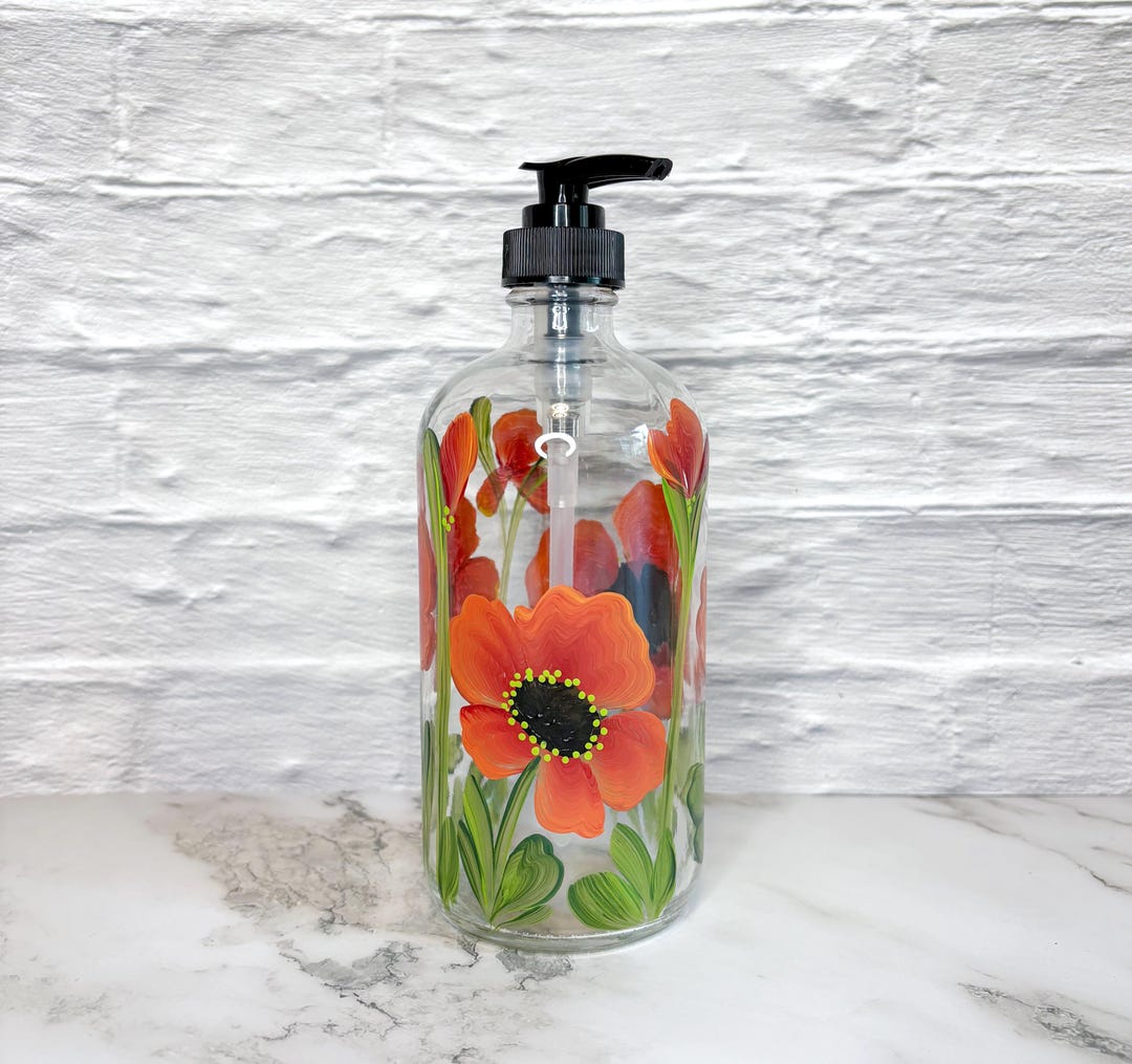 Hand Painted Red Poppy Glass Soap, Lotion Dispenser Bottle, 16oz.with ...