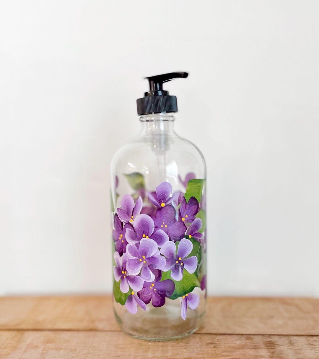 Hand Painted Purple Violets Glass Soap, Lotion Dispenser Bottle, 16oz ...