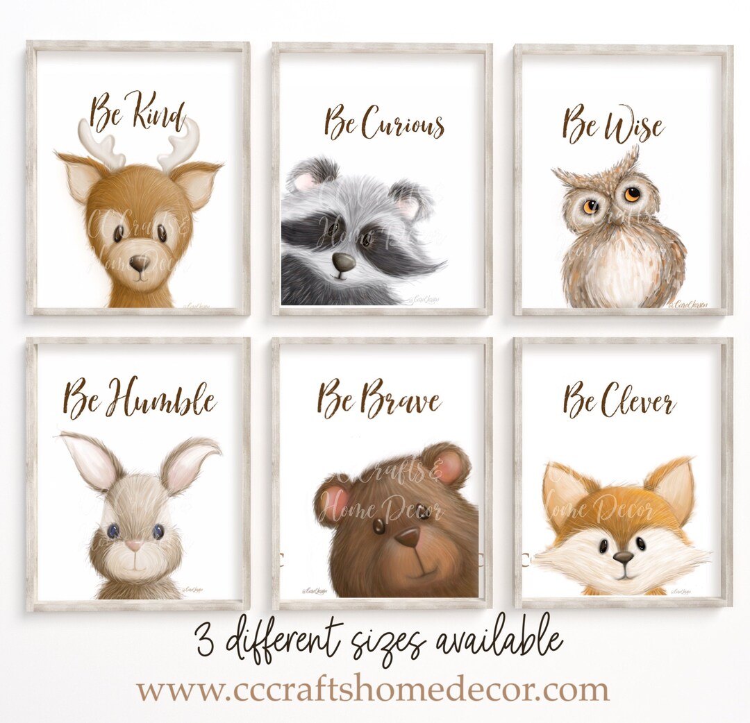 Set of Six (6) Woodland Animal Theme Nursery Art Prints With Cute ...