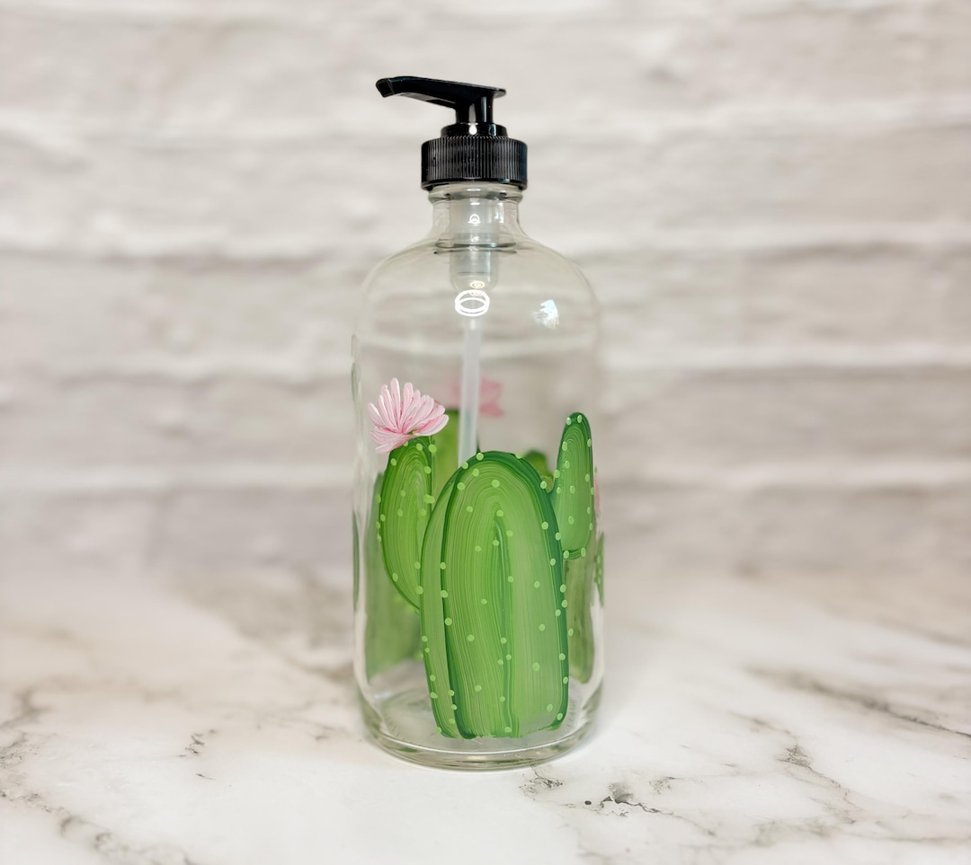 Hand Painted Cactus Glass Soap, Lotion Dispenser Bottle, 16oz. With ...