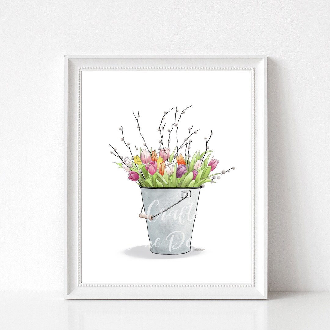 Spring Flower Bucket Art Print Illustration, Spring Wall Decor, Gift ...