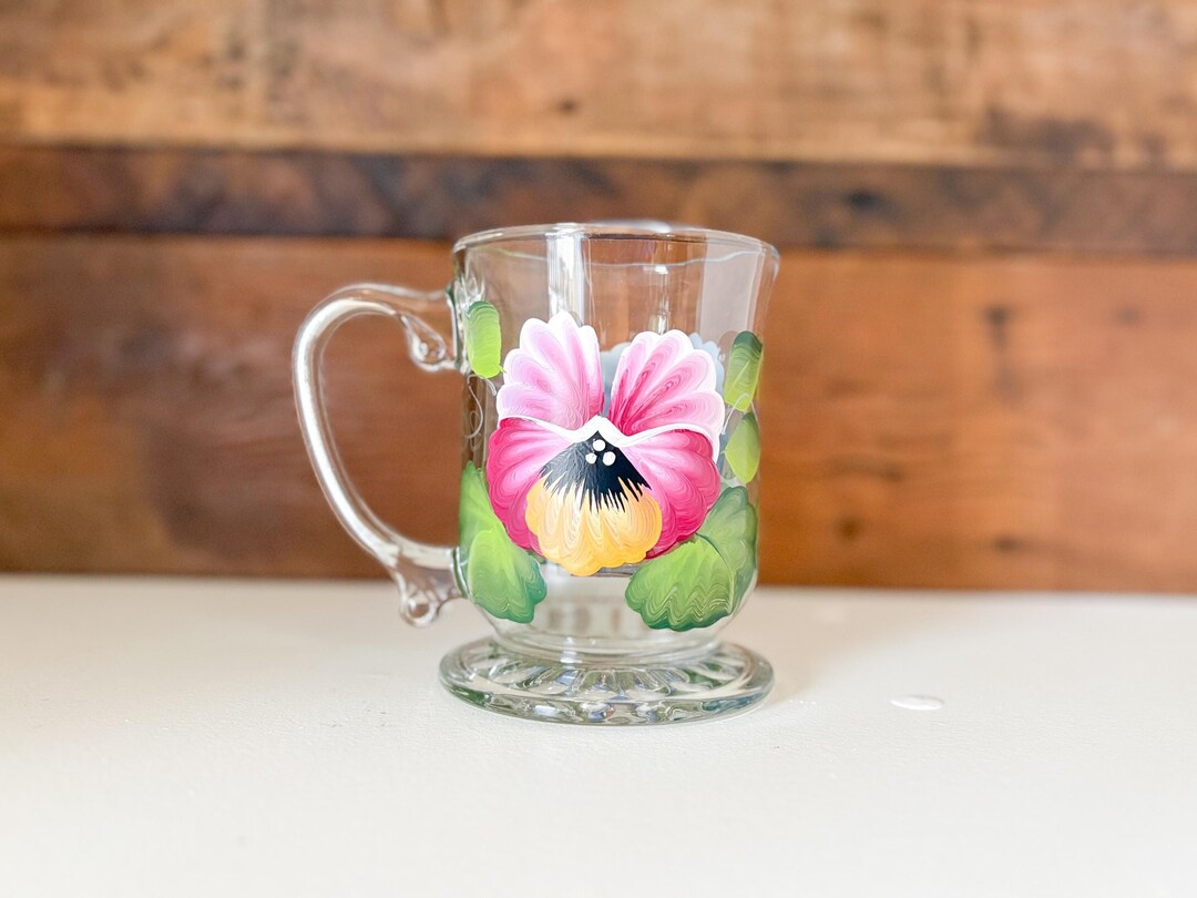 Hand Painted Pink and Blue Pansy Floral Clear Glass Mug, Tea Cup Holds ...