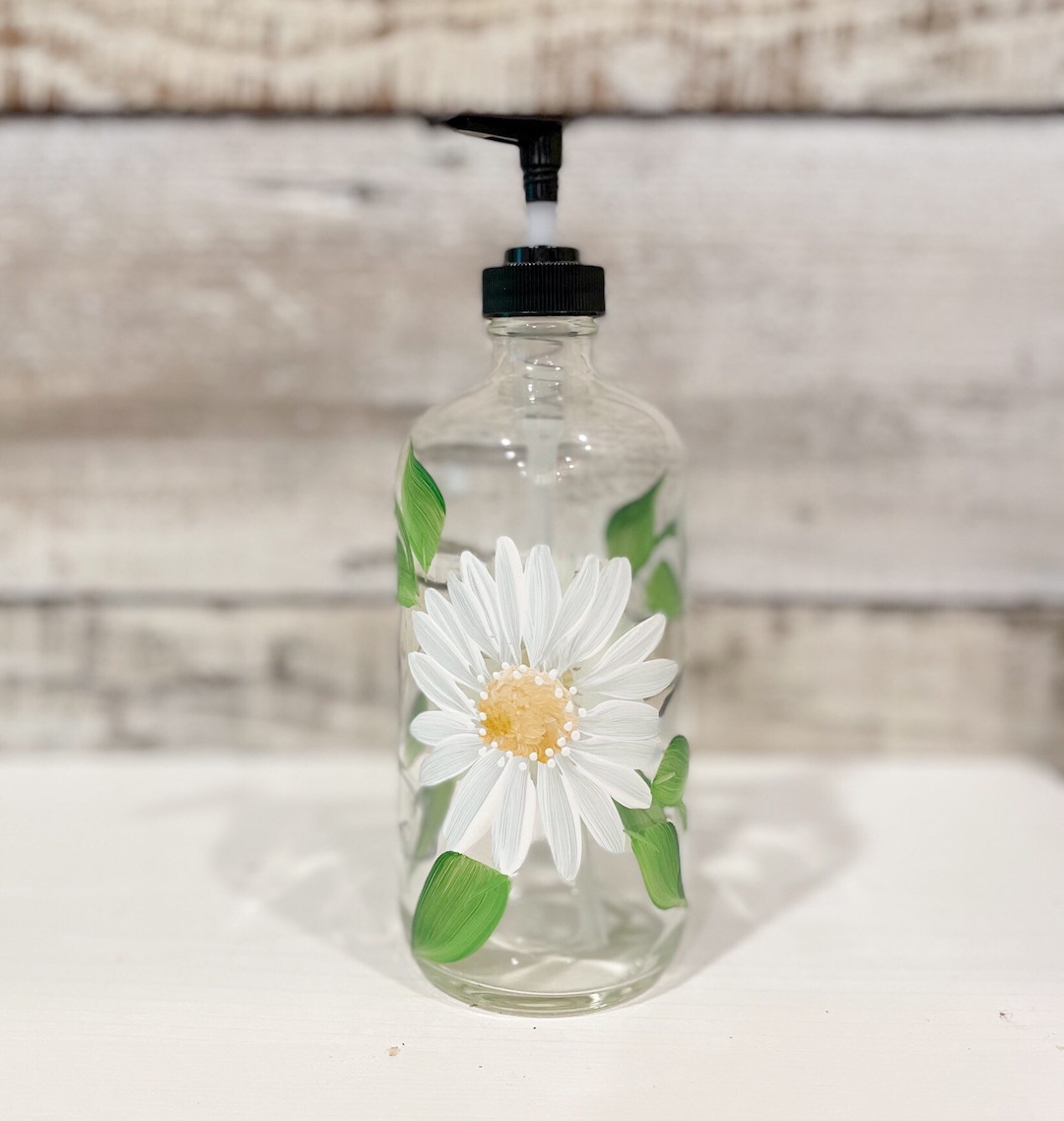 Hand Painted Daisy Glass Soap Dispenser Bottle, 16oz.with Black Pump ...