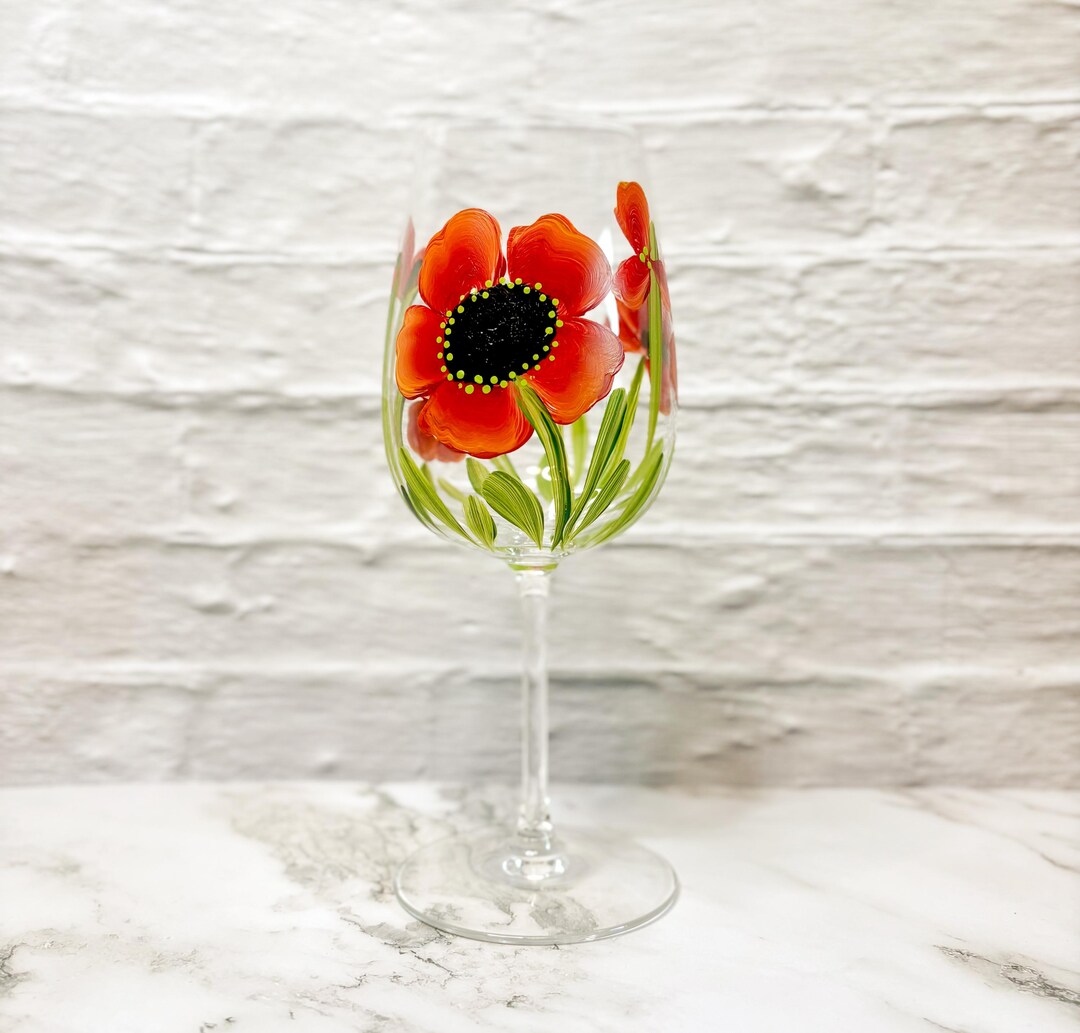 Hand Painted Red Poppy 16oz Wine Glasses With Stems. Makes a Wonderful ...