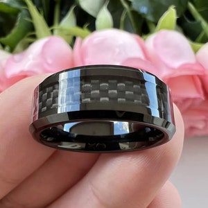 Men's Black Tungsten Ring W/ Black Carbon Fiber Inlay, Black Wedding ...