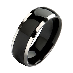 Black Titanium Wedding Ring W/ Polished Silver Edges, Men's and Women's ...