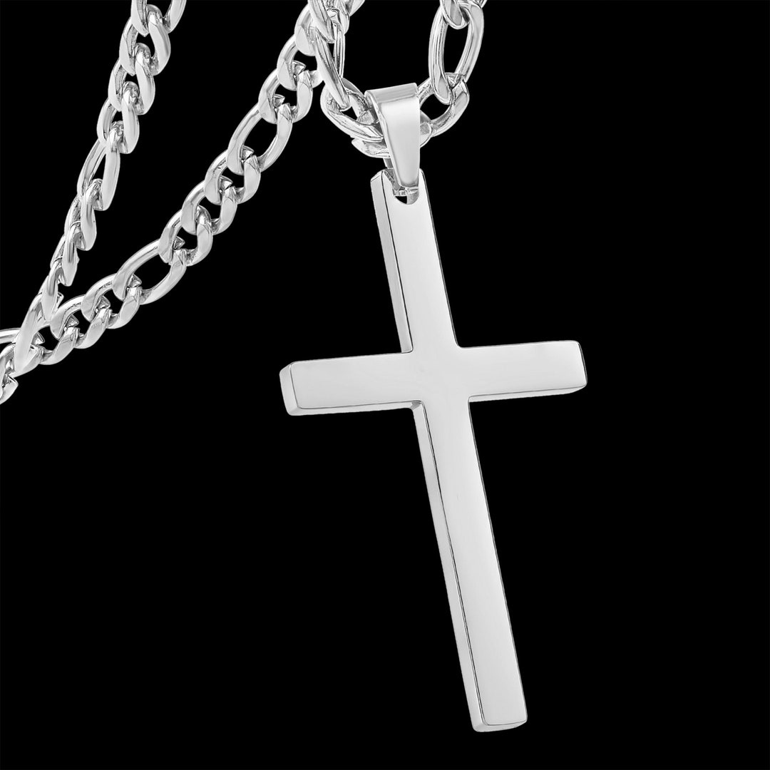 Cross Necklace, Men’s Silver Cross Pendant & Figaro Chain Set ...