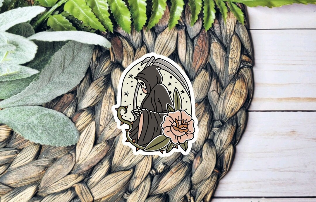 Grim Reaper With Flowers Sticker, Boho Grim Reaper Sticker, Boho ...