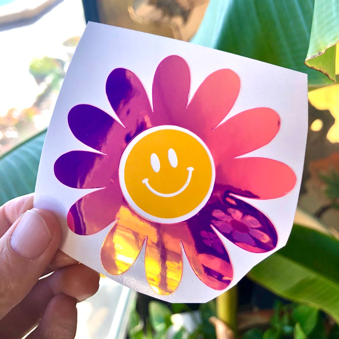 Holographic Smiley Face Flower Decal, Holographic Flower Sticker for ...