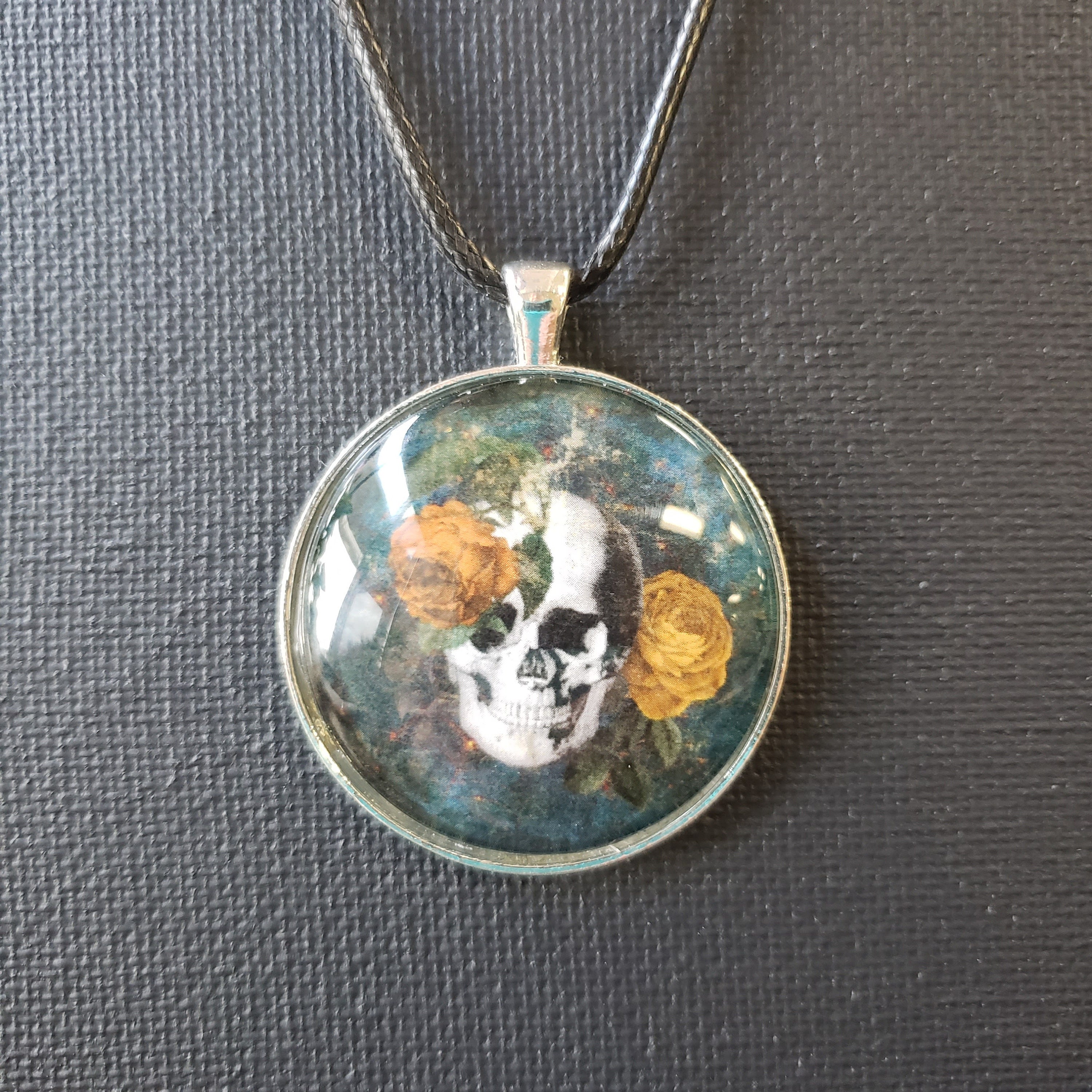 Gothic Orange Floral Skull on Blue Grunge Background, 38mm Glass ...