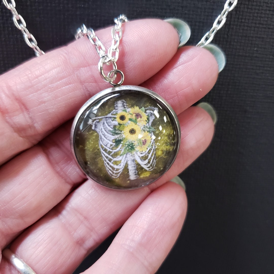 Gothic Sunflower Floral Ribcage, 25mm Glass Cabochon Pendant Necklace ...