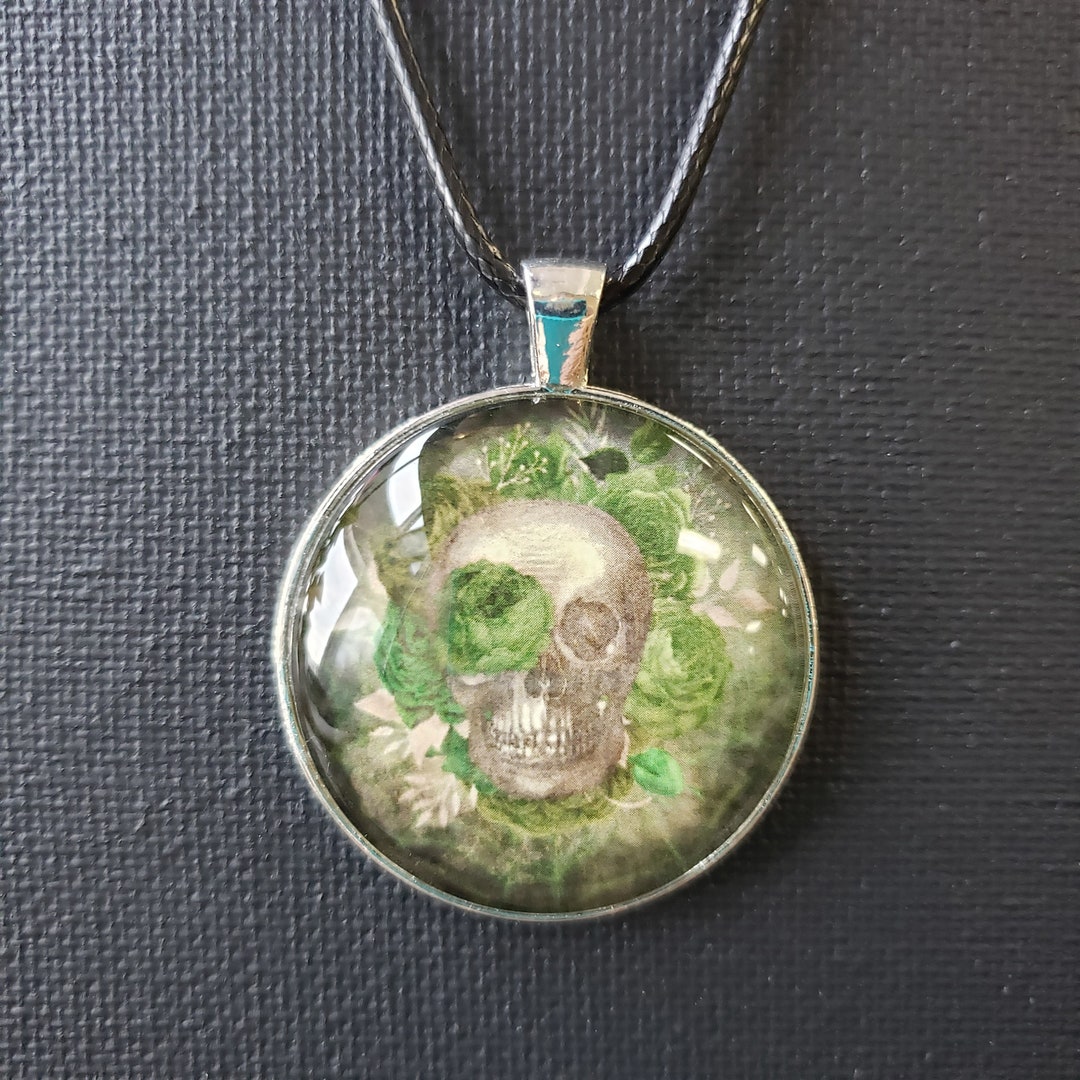 Gothic Olive Green Floral Skull on Green Grunge Background, 38mm Glass ...