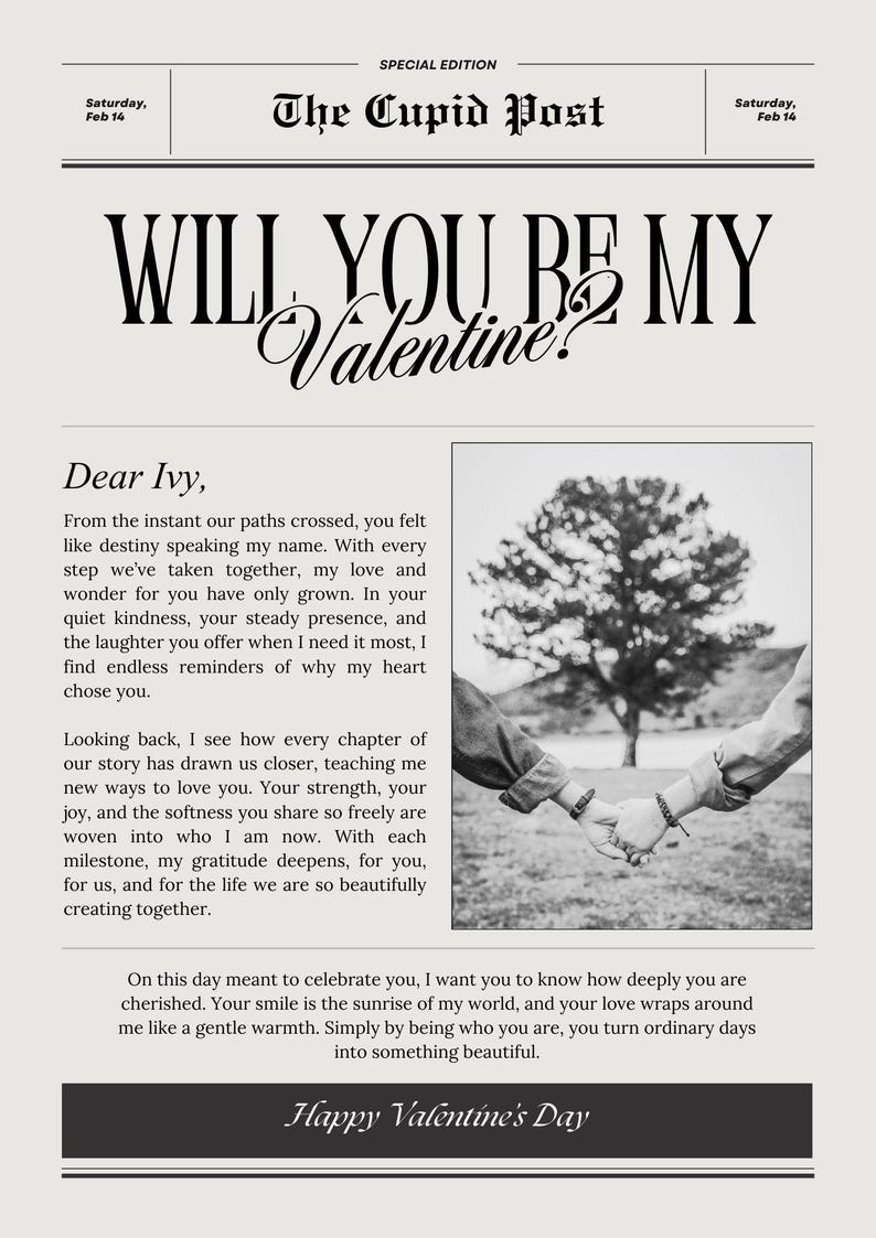 Valentine's Day Newspaper Template | Editable Canva Card (digital ...