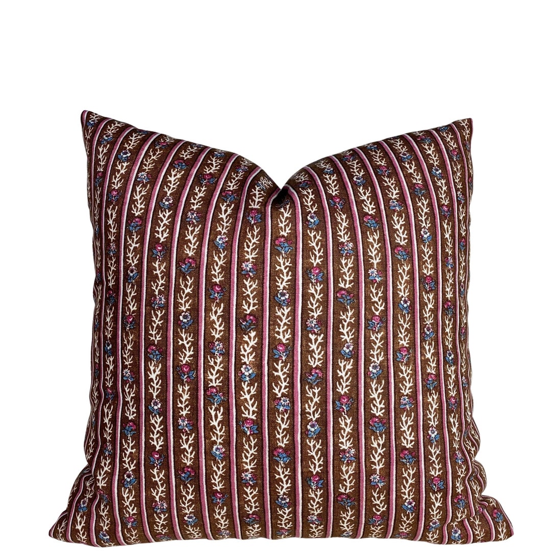 Nicobar Coco Pillow Cover BOTH SIDES Lisa Fine Brown Floral Stripe ...