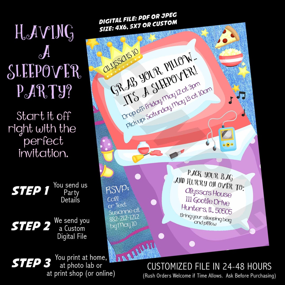 SLEEPOVER Themed Birthday Invitation, Girls Slumber Party Invitation ...