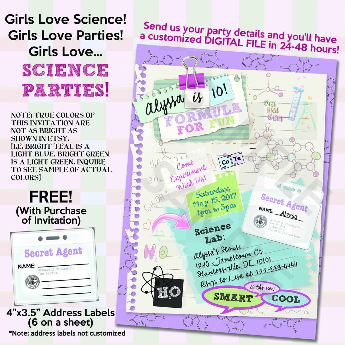 GIRL SCIENCE Themed Birthday Invitation, Scientist Party Invitation ...