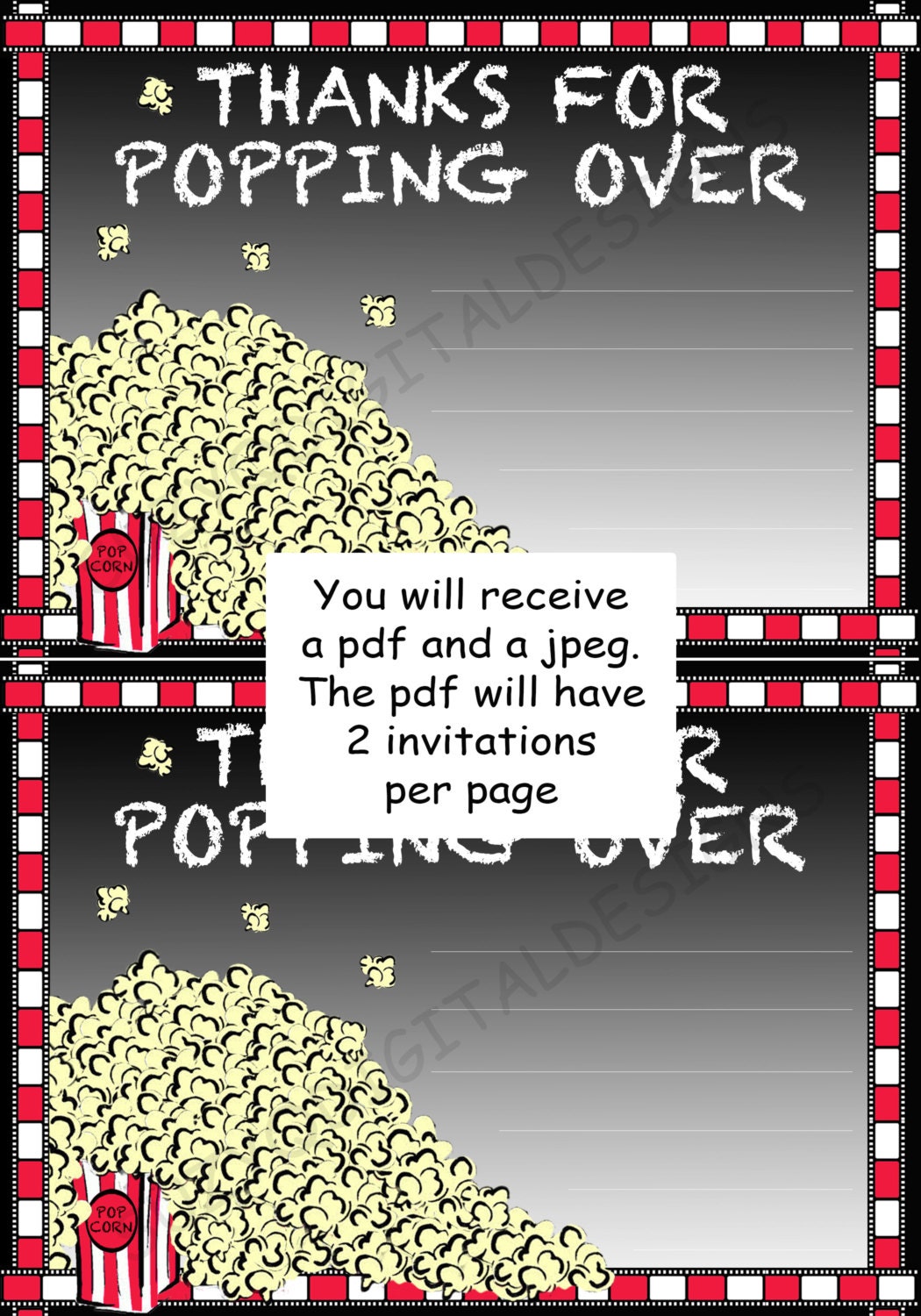 INSTANT DOWNLOAD 5x7 Movie Theme Thank You Card Popcorn - Etsy