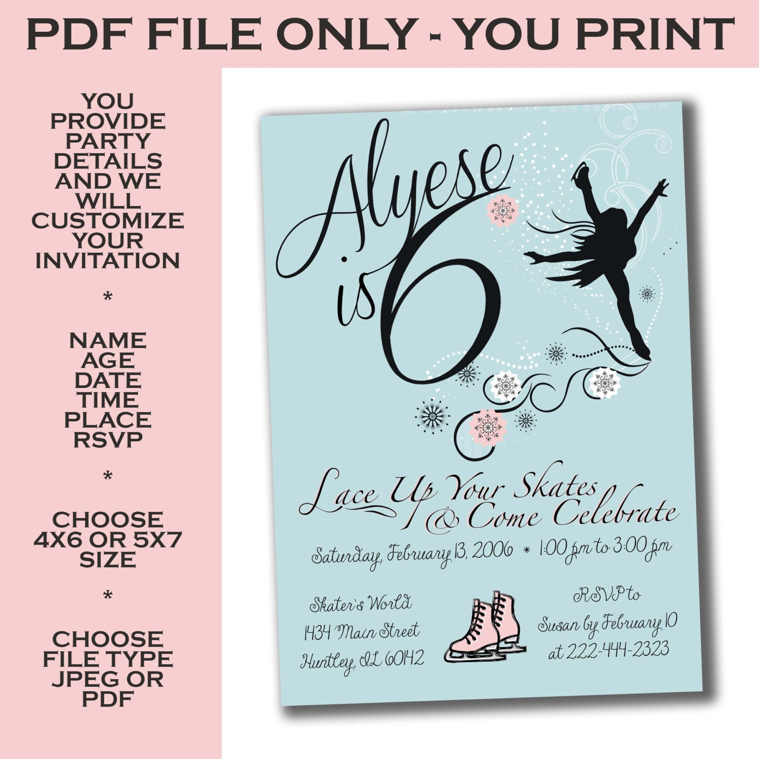 ICE SKATING Themed Birthday Party Invitation, Figure Skating Birthday ...