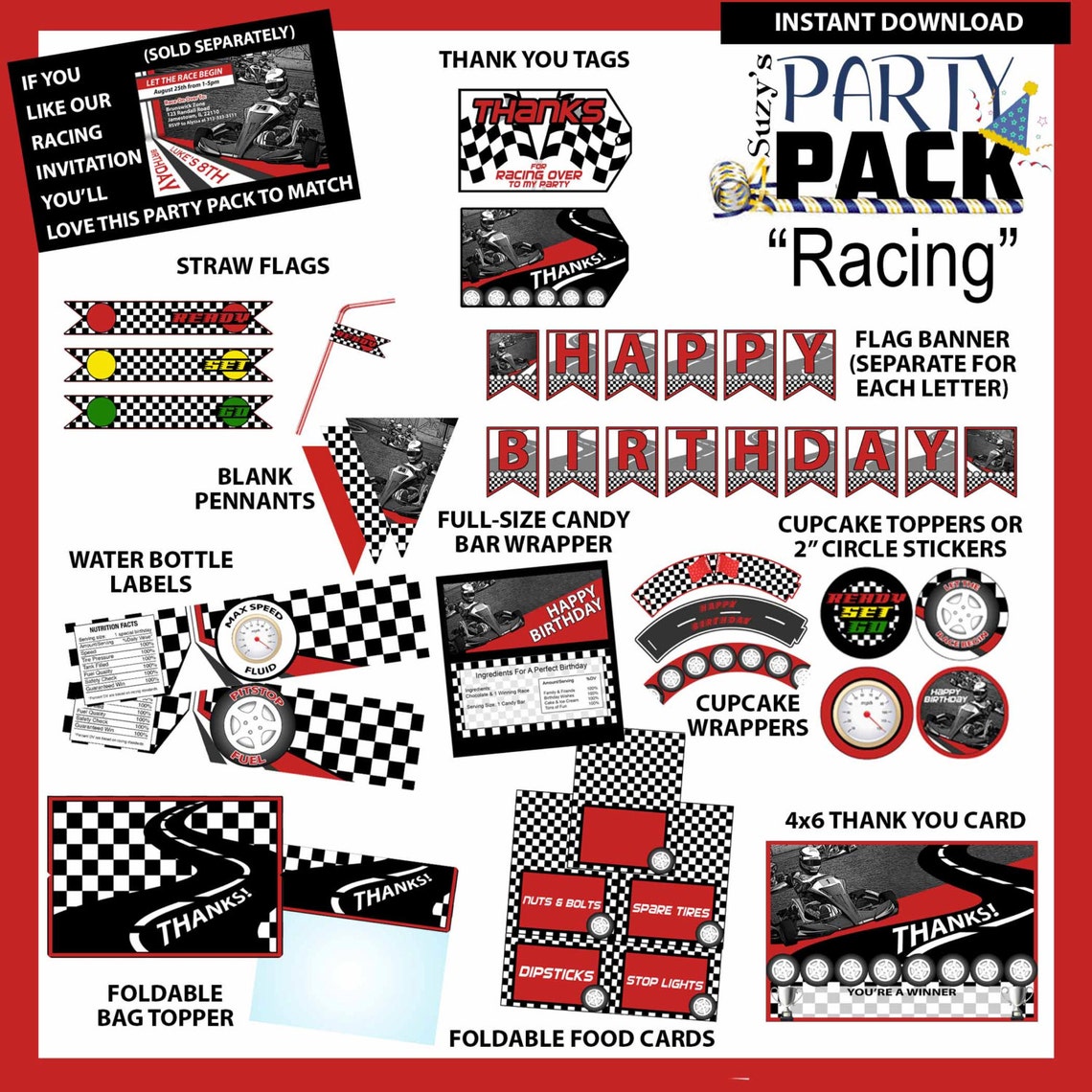 Go Kart Racing Party Pack, INSTANT DOWNLOAD, Party Accessories for ...